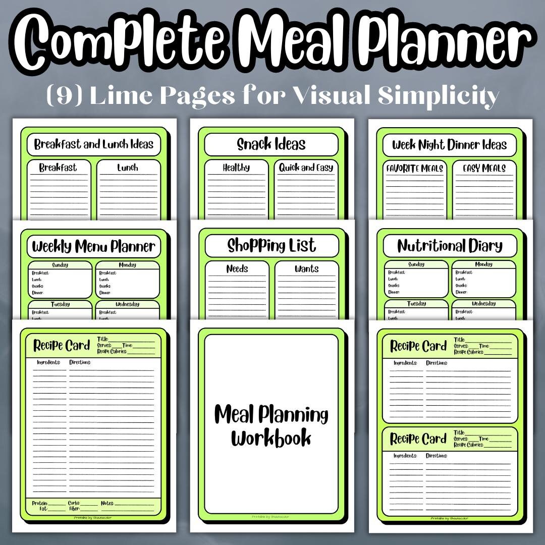 Complete Meal Planner, Designed for Visual Simplicity, 9 Lime Pages ...