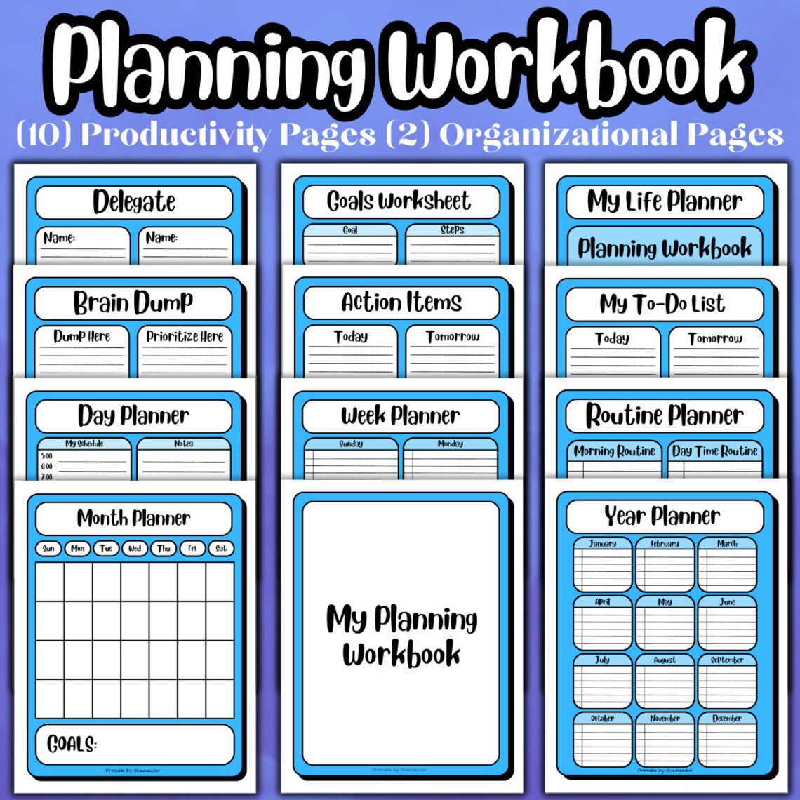 Blue Planning Bundle for Productivity, 4 Pack Printable Files for Time ...