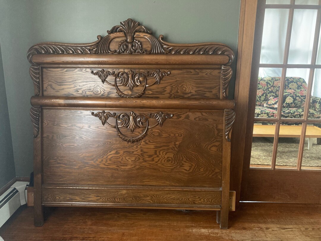 Antique Early 1900s Victorian Full Size Carved Tiger Oak Bed Headboard ...