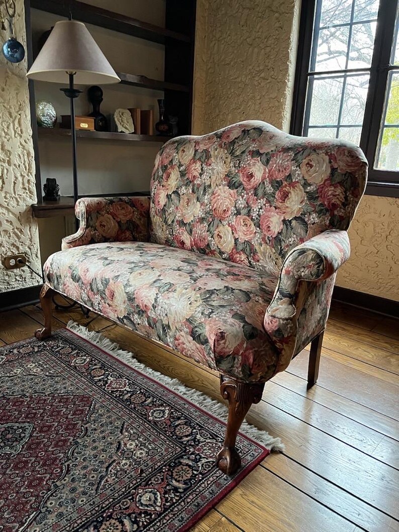 Pretty Vintage Camel Back Loveseats With Claw Feet Ball and High Back ...