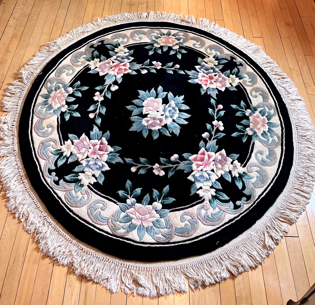 Vintage Round Chinese Wool Peking Rug 5'- Art Deco Chinese Aubusson ...