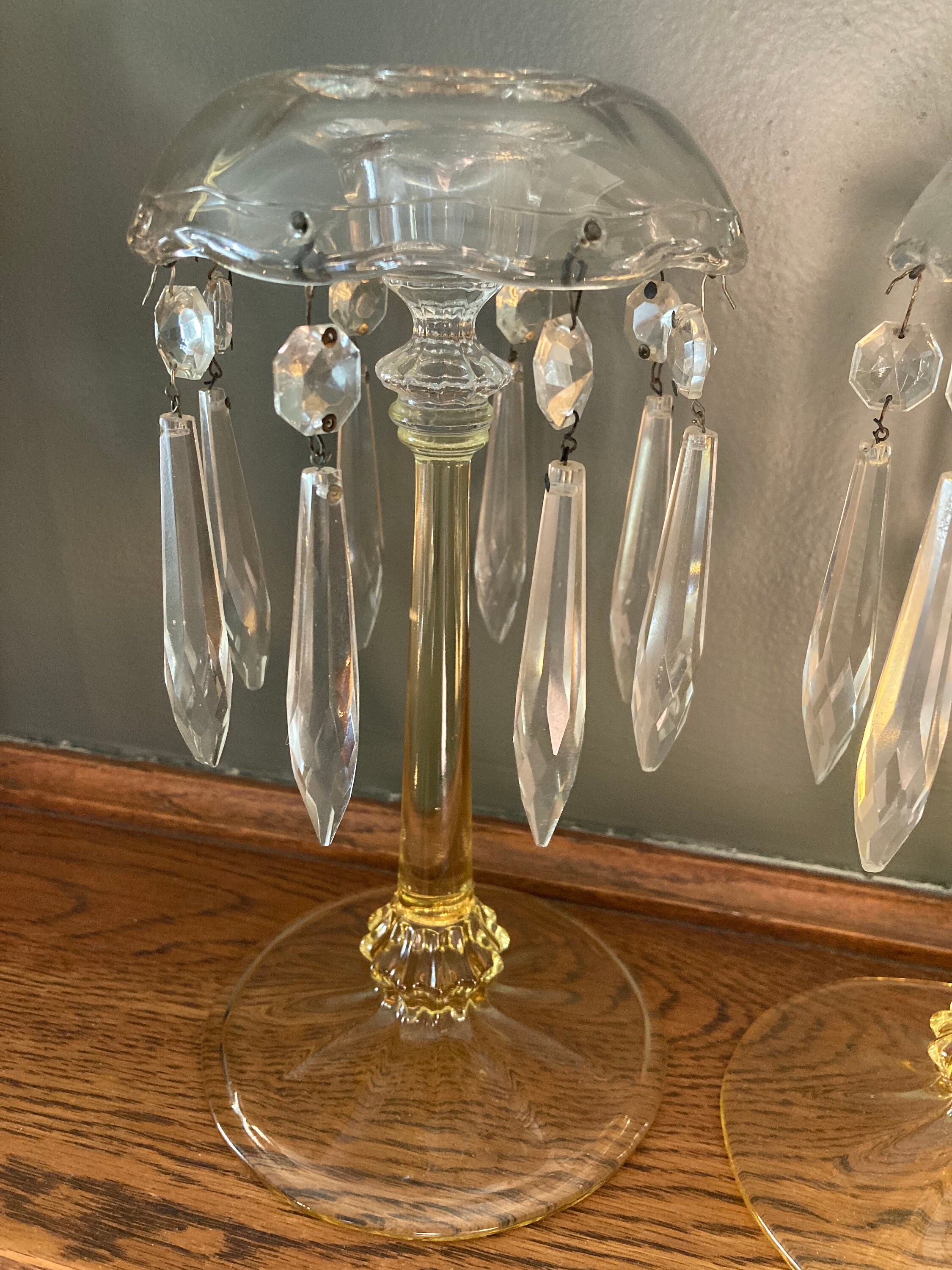 Fostoria 2436 Lustre Candlesticks Yellow pair RARE Prism Candle Holder ...
