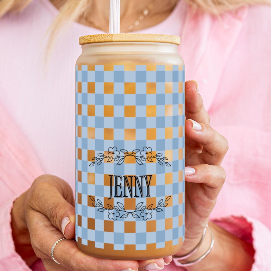 Custom Blue Gingham Retro Checked Frosted Iced Coffee Glass With Name ...