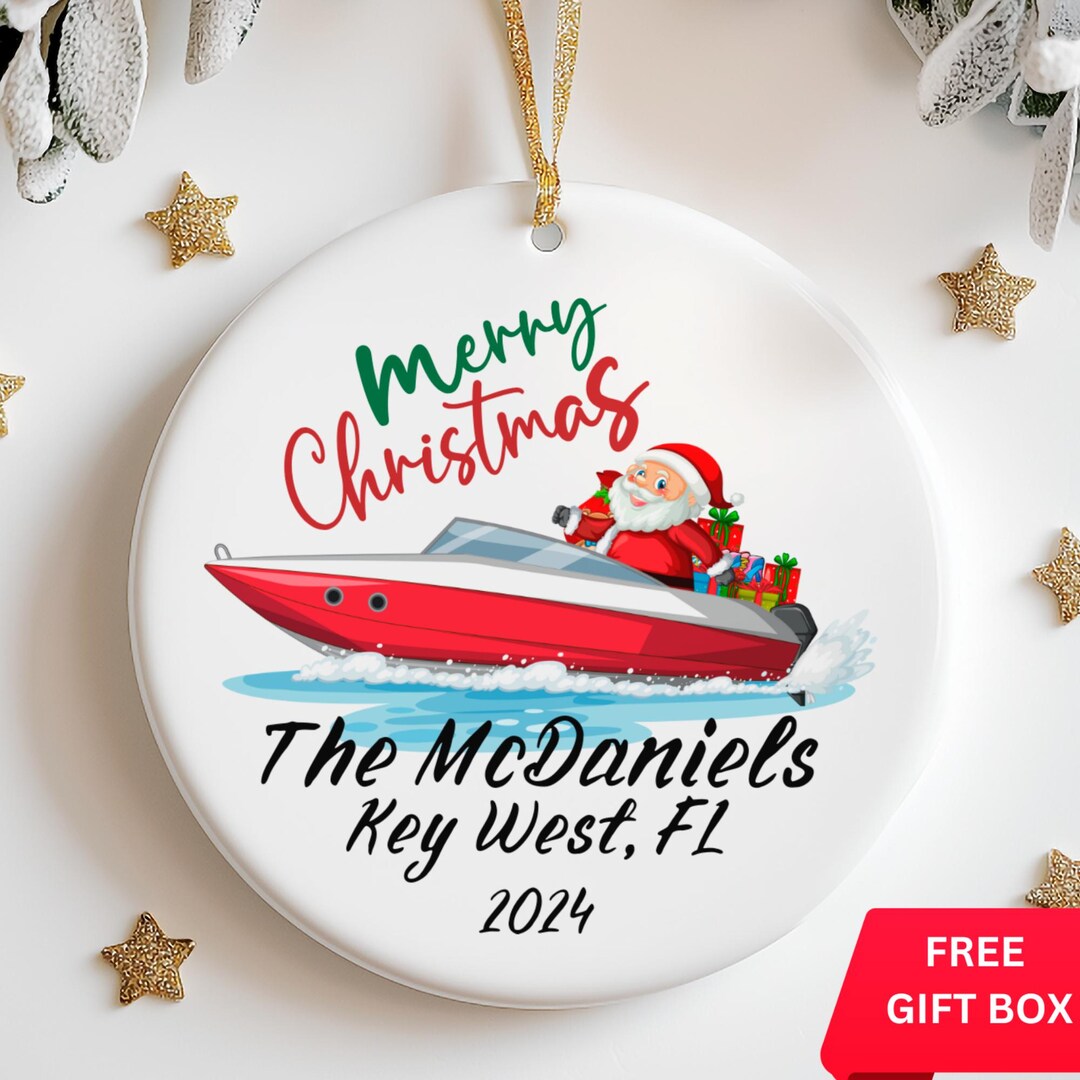 Custom Speedboat Christmas Ornament With Name and Location - Santa in ...
