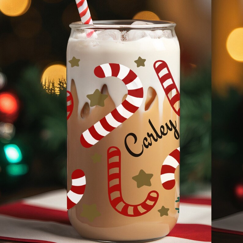 Christmas Iced Coffee Cup Personalized, Custom Holiday Glass Tumbler ...
