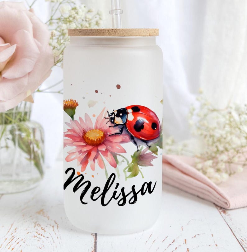 Personalized Ladybug Cup, Watercolor Ladybug Frosted Beer Glass Floral ...