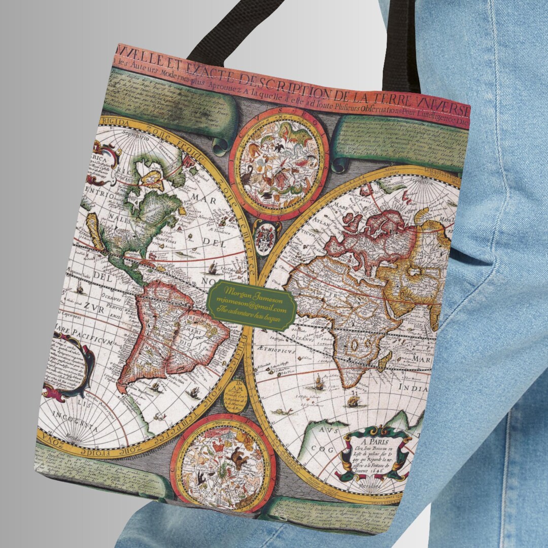Custom Travel Tote Bag, Personalized Map Tote, Vintage World Map Tote ...