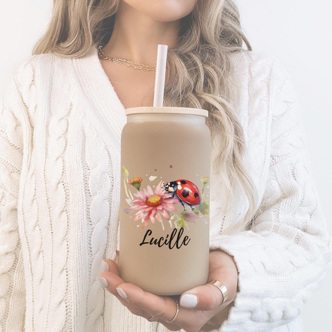 Personalized Ladybug Cup, Watercolor Ladybug Frosted Beer Glass Floral ...