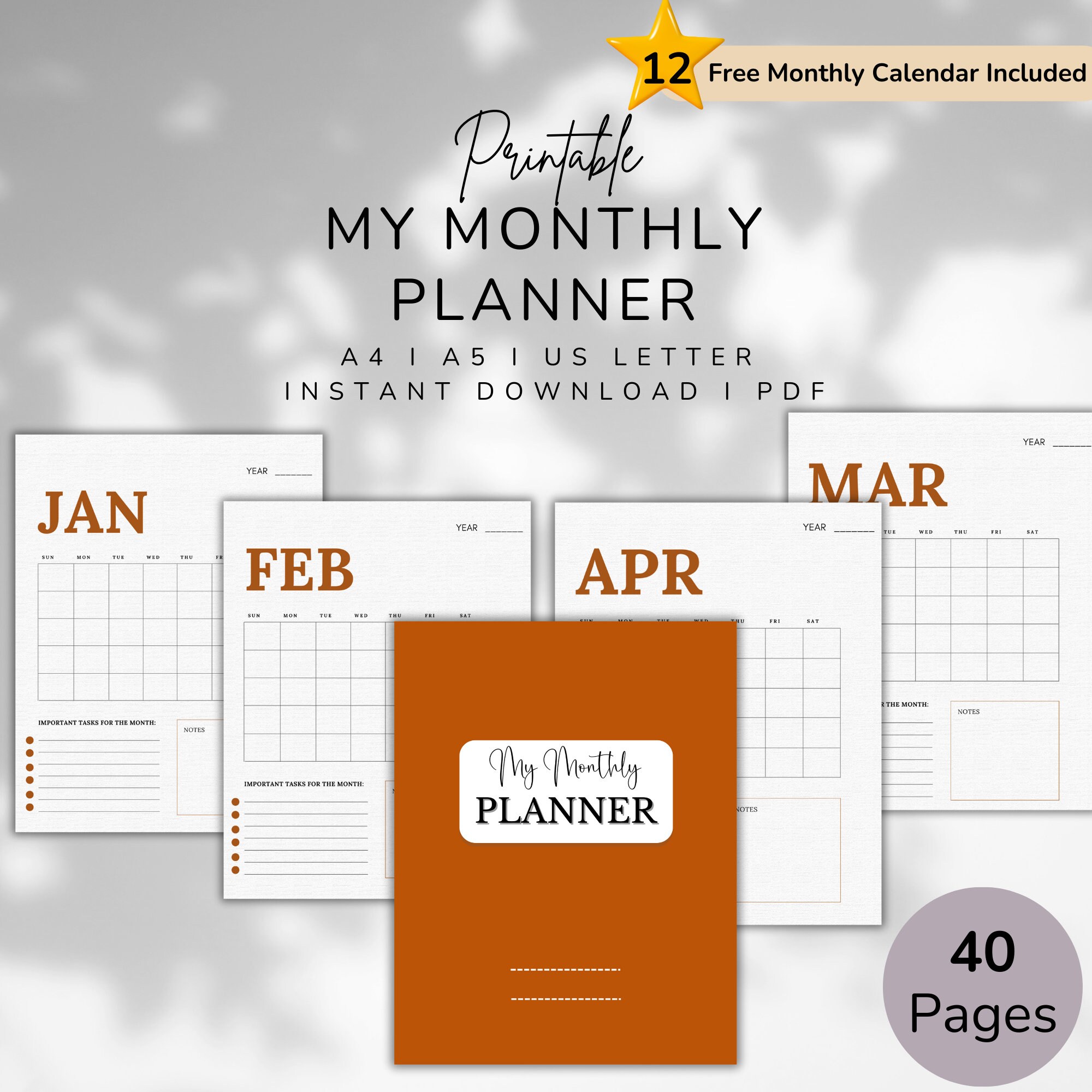Printable Monthly Planner, Instant Download, PDF, A5, A4, US Letter ...