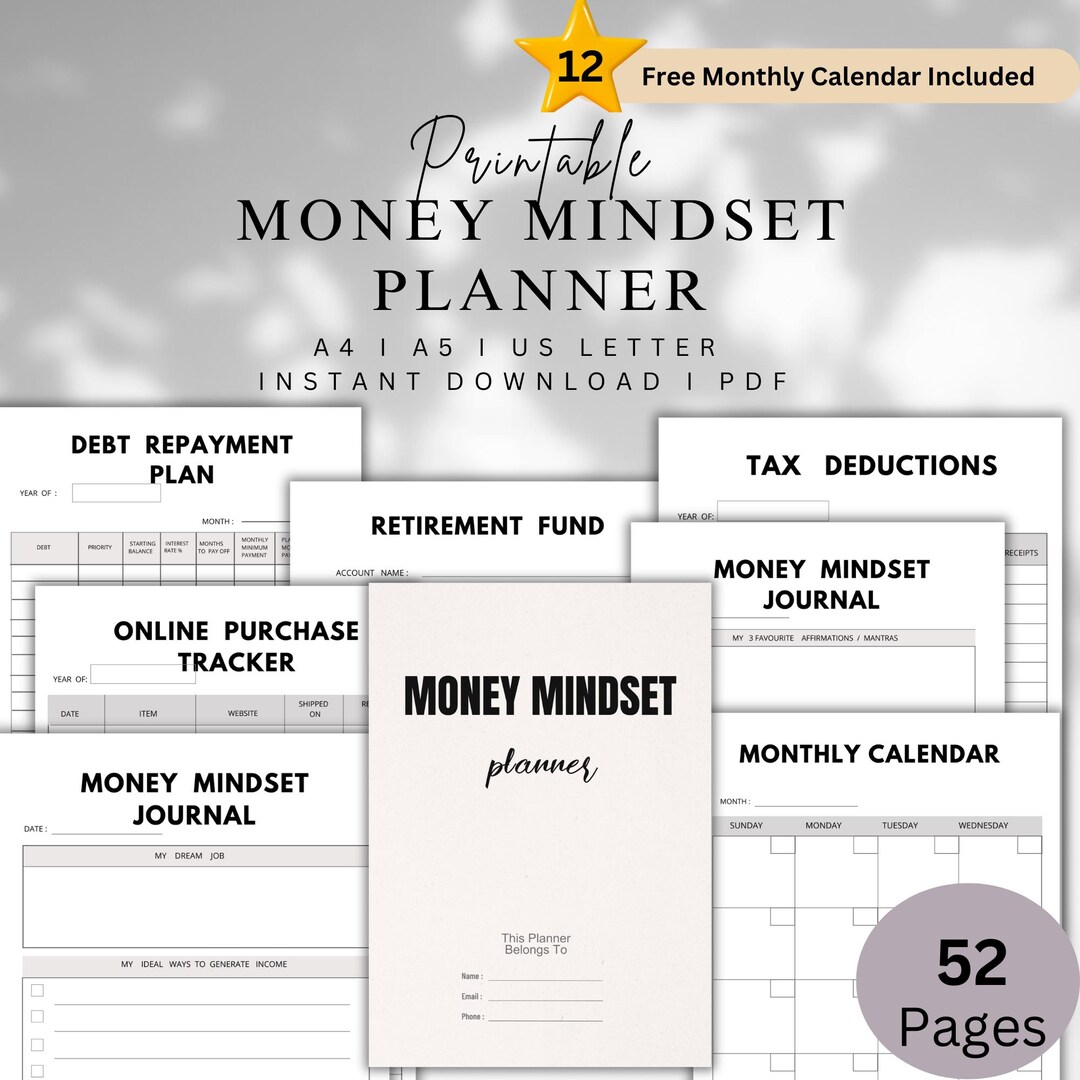 Printable Money Mindset Planner, Instant Download PDF A5, A4, US Letter ...