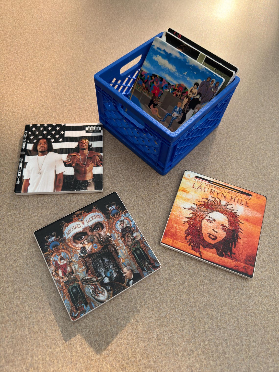 Vinyl Album Cover Ceramic Coasters With Blue 3d-printed Record Crate ...