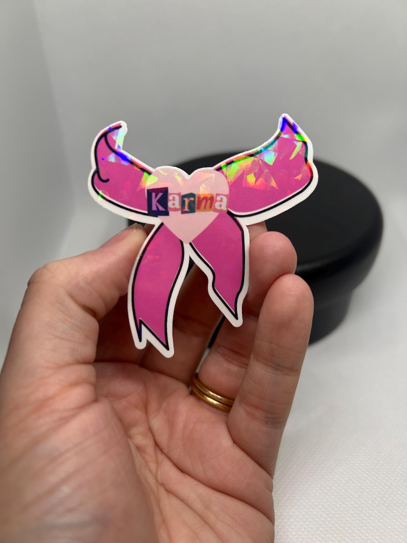 Karma Cat Vinyl Sticker | Pink Bow, Playful (2.5" Matte or Holographic ...