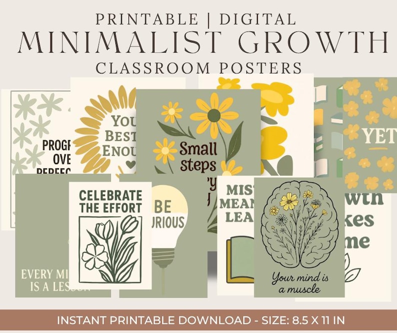 Growth Mindset Poster Bundle: Sage Green & Yellow Minimalist Classroom ...