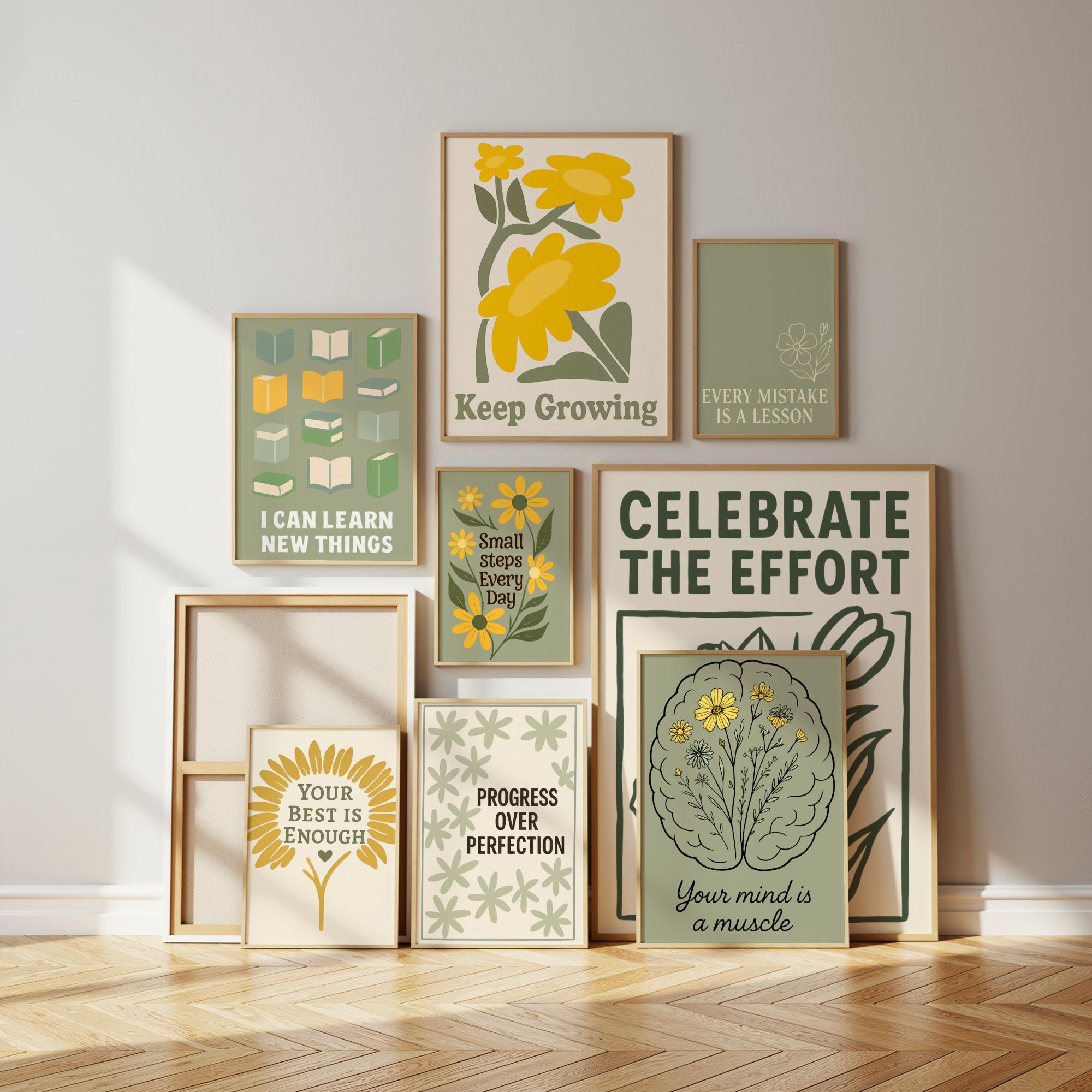 Growth Mindset Poster Bundle: Sage Green & Yellow Minimalist Classroom ...