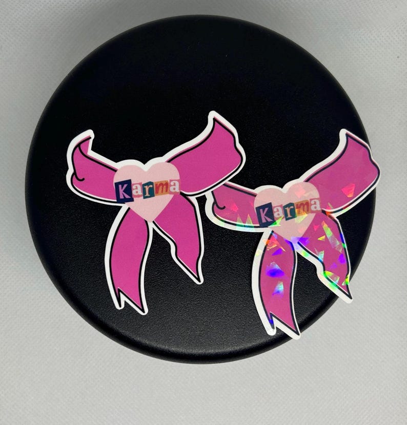 Karma Cat Vinyl Sticker | Pink Bow, Playful (2.5" Matte or Holographic ...