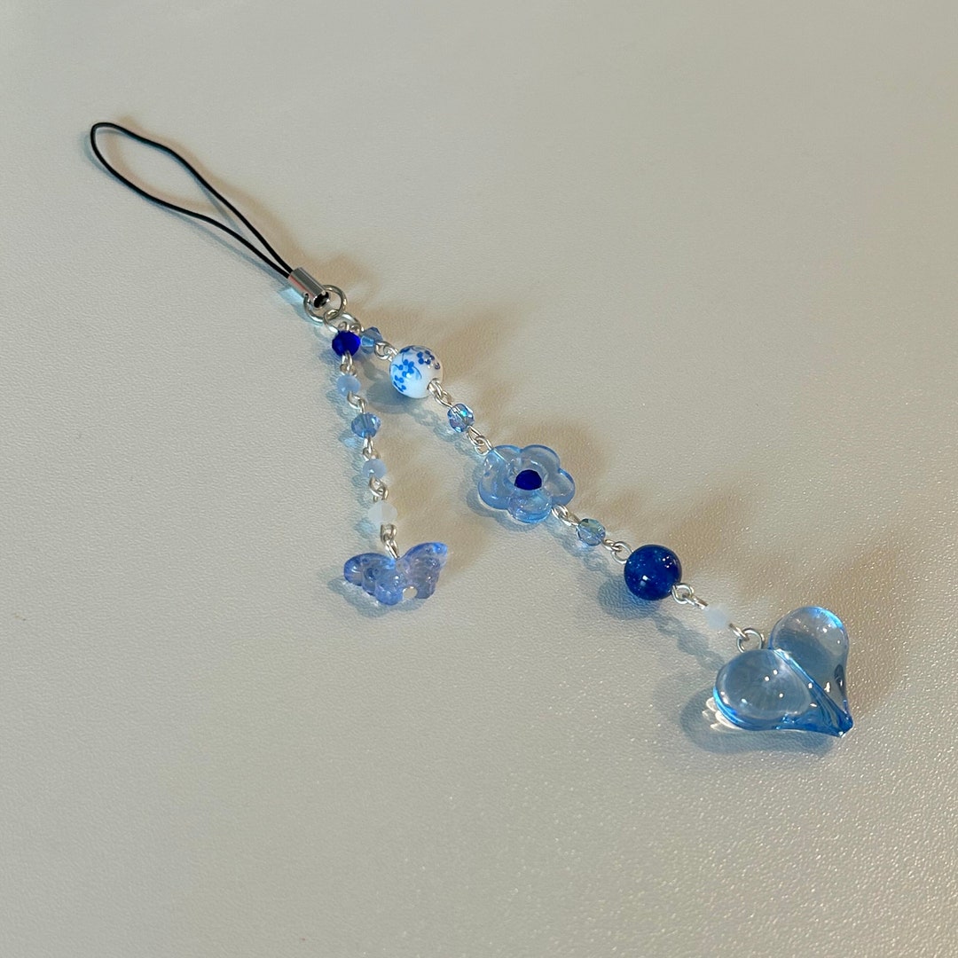 Blue Phone Charm Beaded Flower Phone Strap With Heart Charm Fairycore ...