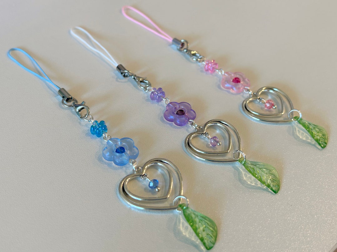 Flower Phone Charm Beaded Heart Phone Strap Fairycore Handmade Keychain ...