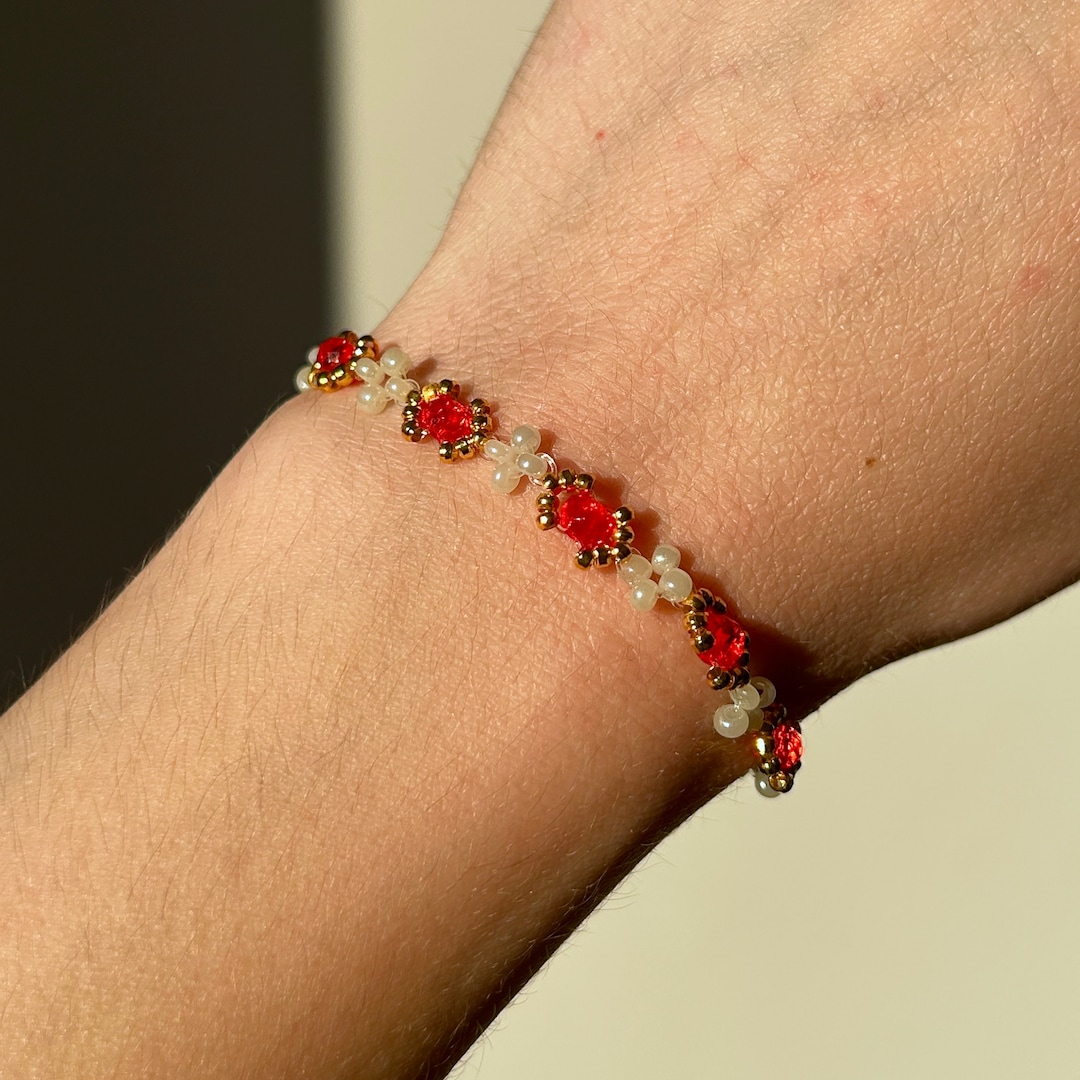 Red and Gold Flower Bracelet Handmade Beaded Bracelet Fairy Jewelry - Etsy