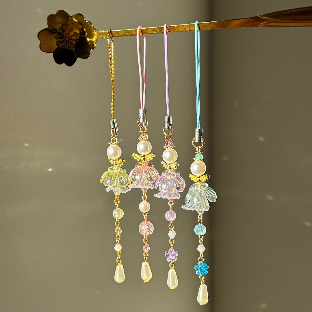 Angel Phone Charm Beaded Flower Phone Strap Coquette Handmade Keychain ...