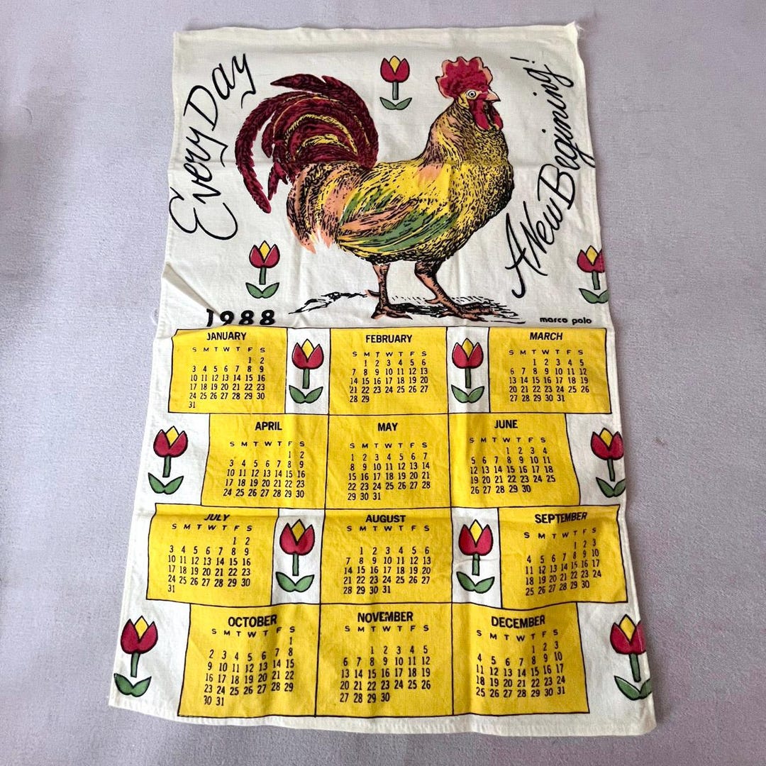 Set of Two Vintage Linen Wall Calendars 1988 Rooster 1998 Kitty and ...