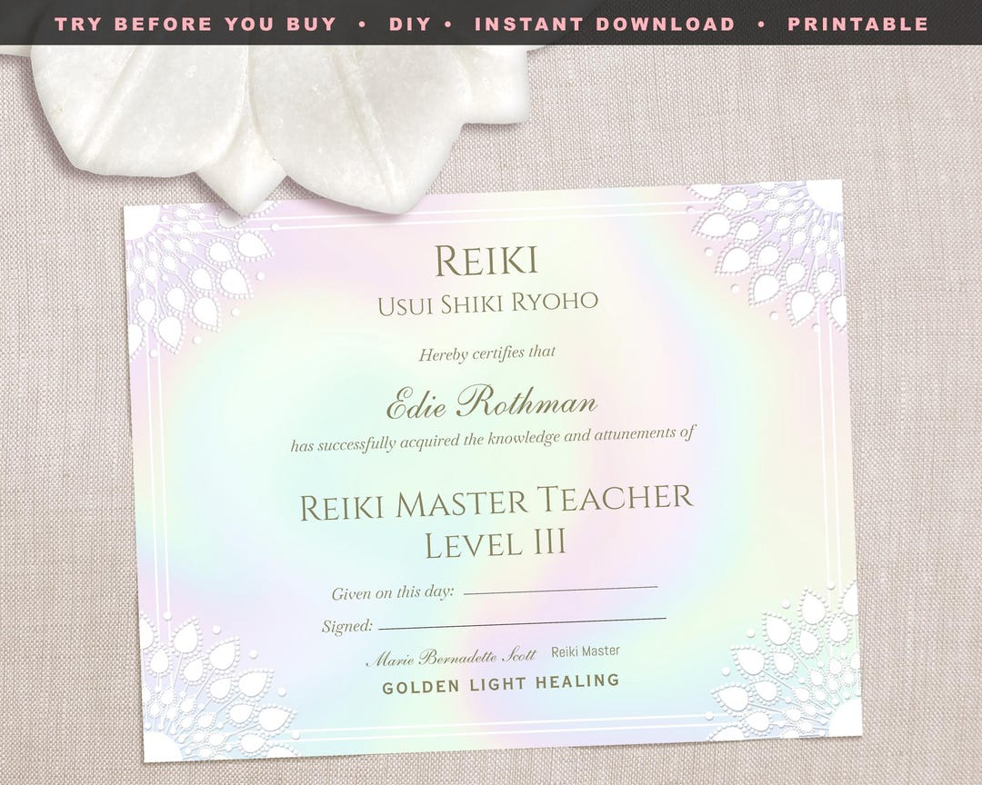 Reiki Certificate of Completion, Reiki Yoga Certificate, Reiki Master ...