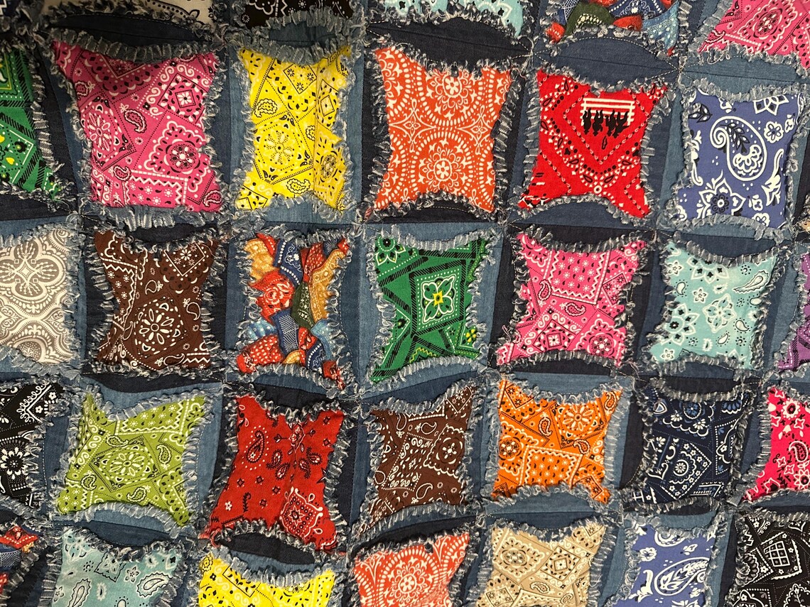 Denimn Rag Bandana Quilt Bed Spread Comforter Bandanas Jeans Frayed - Etsy