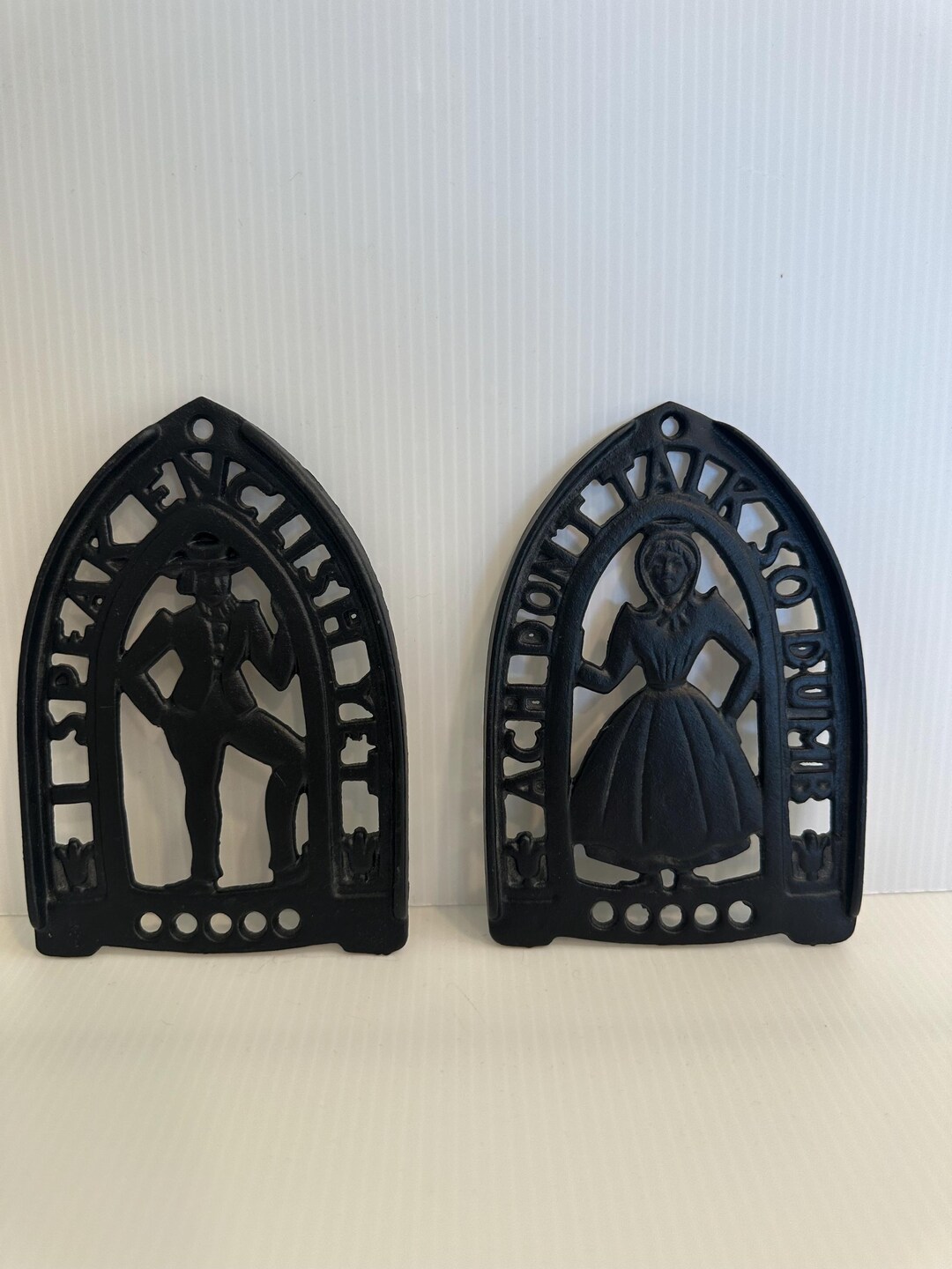 Vintage Cast Iron Trivet Set of 2 Matching. “I Speak English Yet” and ...