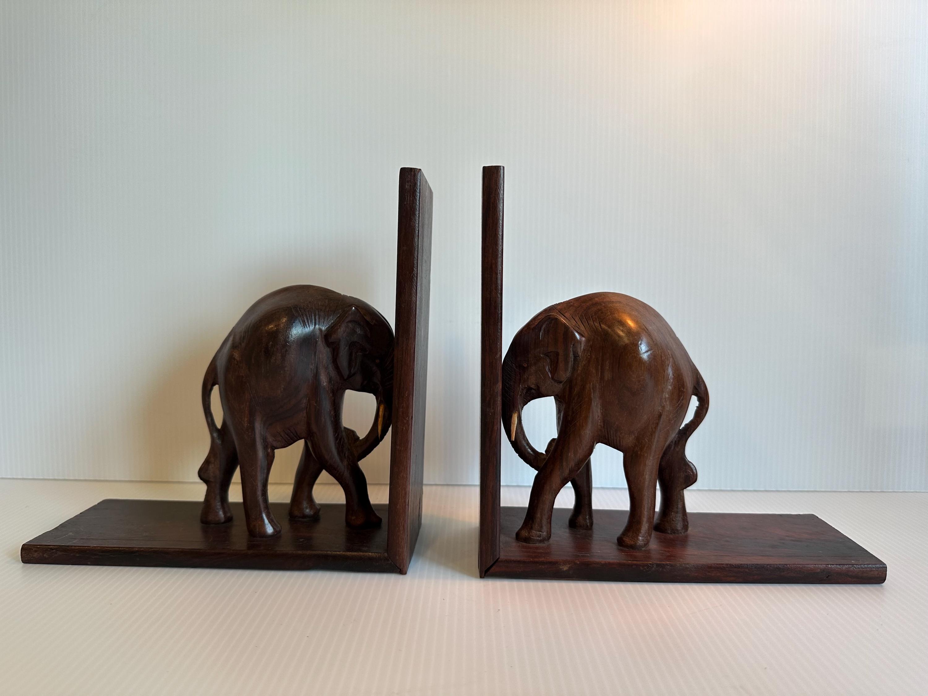 Vintage MCM Hand Carved Wood Elephant Bookends Set of Two With Tusks - Etsy