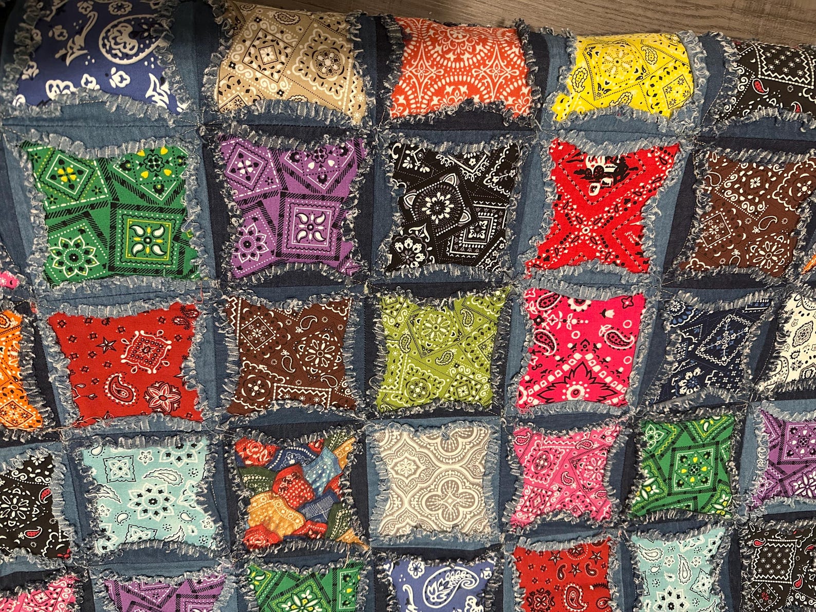 Denimn Rag Bandana Quilt Bed Spread Comforter Bandanas Jeans Frayed - Etsy