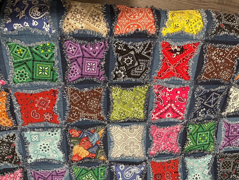 Denimn Rag Bandana Quilt Bed Spread Comforter Bandanas Jeans Frayed - Etsy