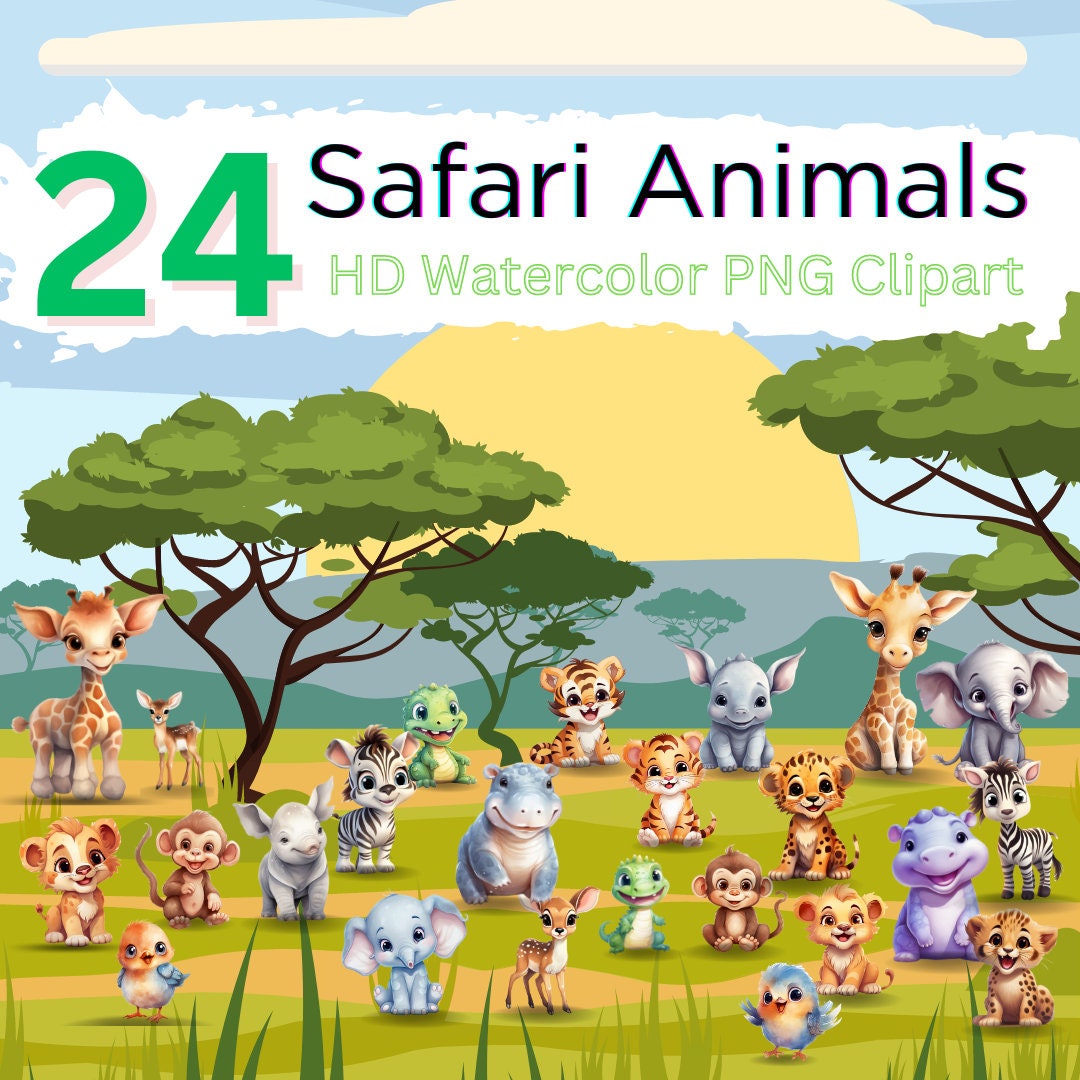 Safari Animals Watercolor PNG Clipart - Baby Animals, Baby Decor ...