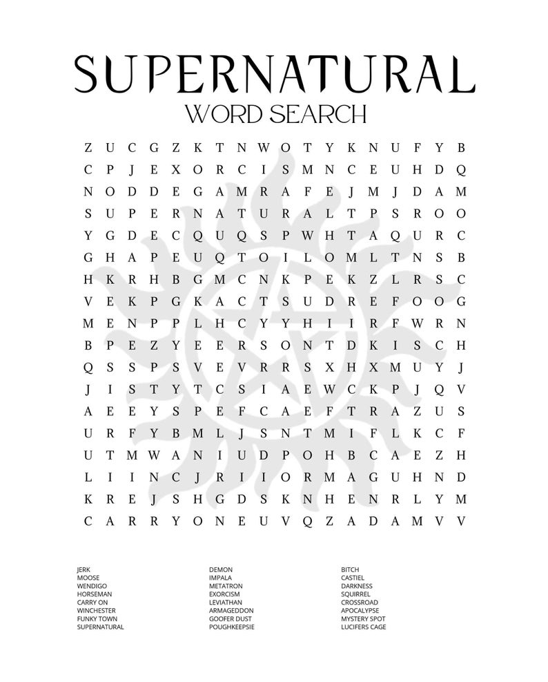 Supernatural Themed Word Search for Adults Printable PDF - Instant ...