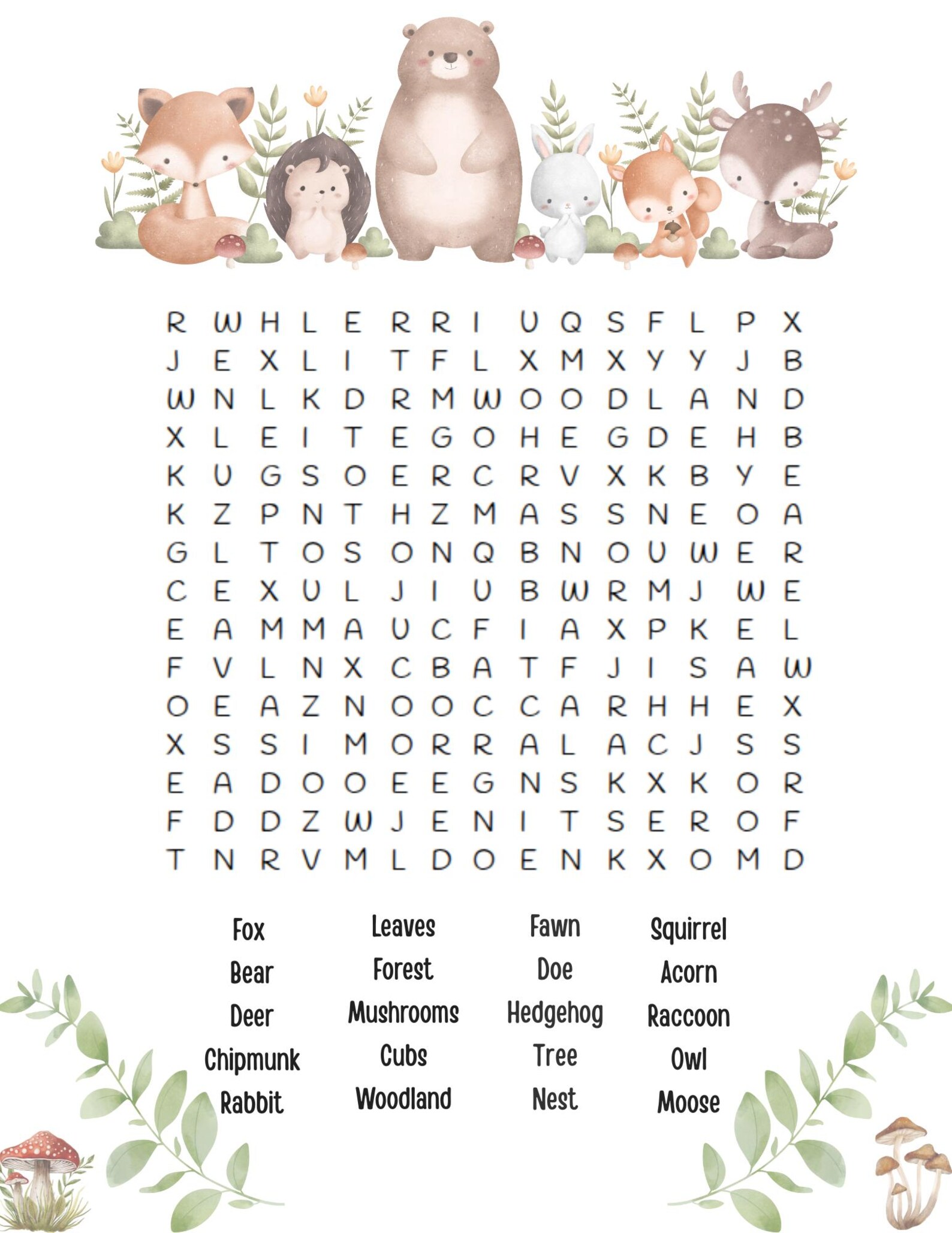 Woodland Animal Word Search Game, Baby Shower Activity (PDF) - Etsy