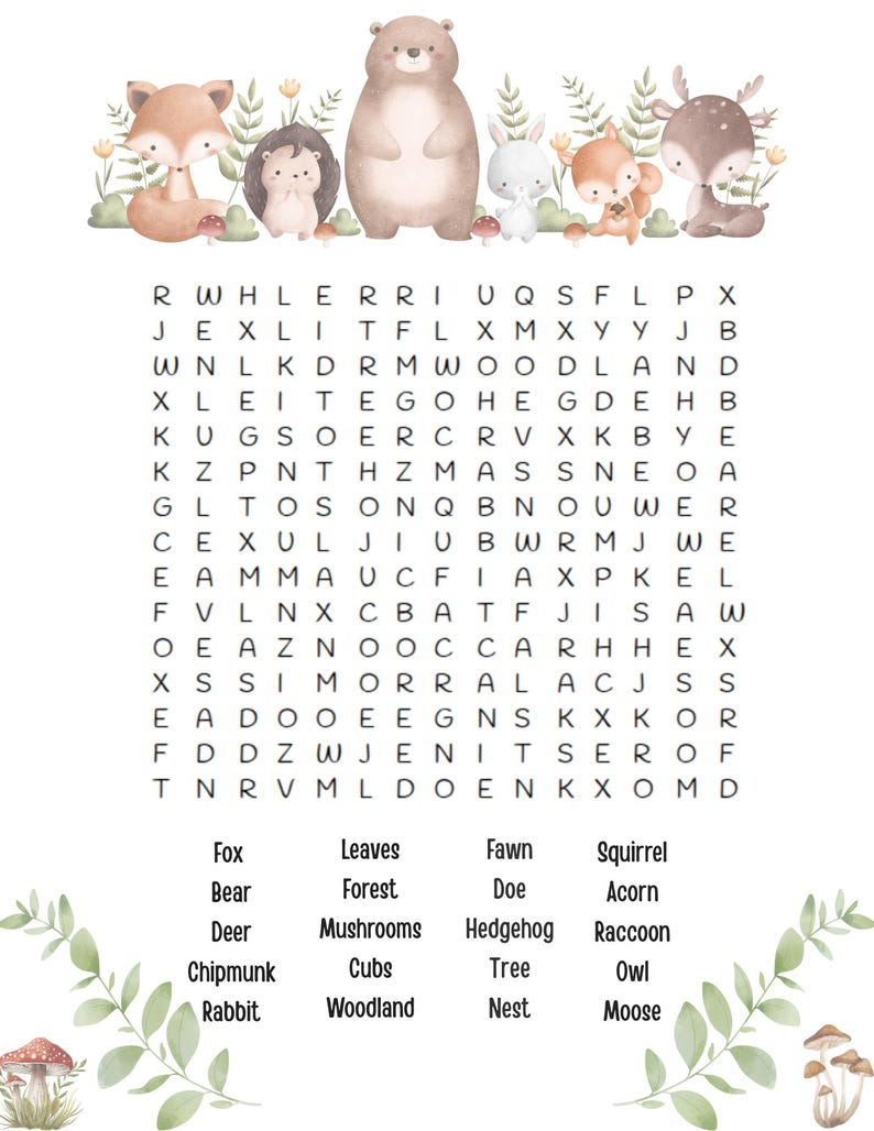 Woodland Animal Word Search Game, Baby Shower Activity (PDF) - Etsy