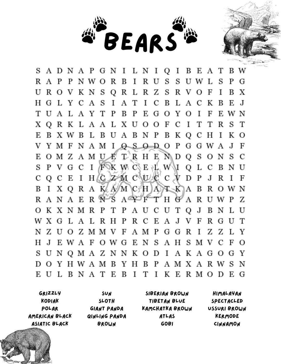 20 Types of Bears Word Search - Wildlife Puzzle - Instant Download - Etsy