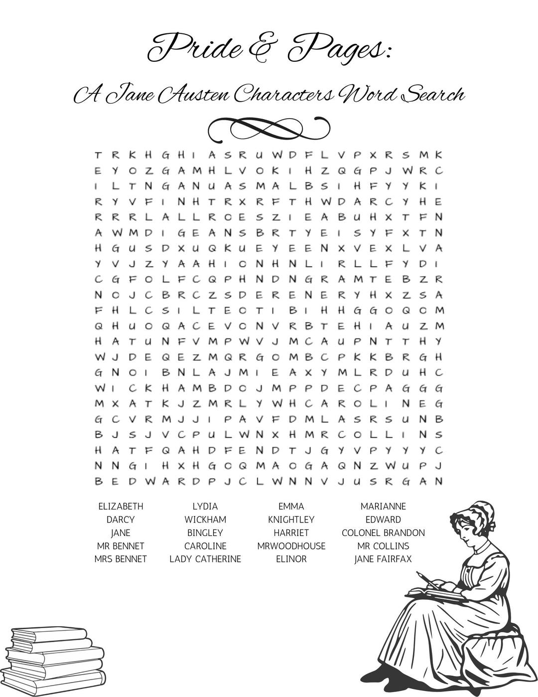 Jane Austen Characters Word Search | Classic Literature Puzzle ...
