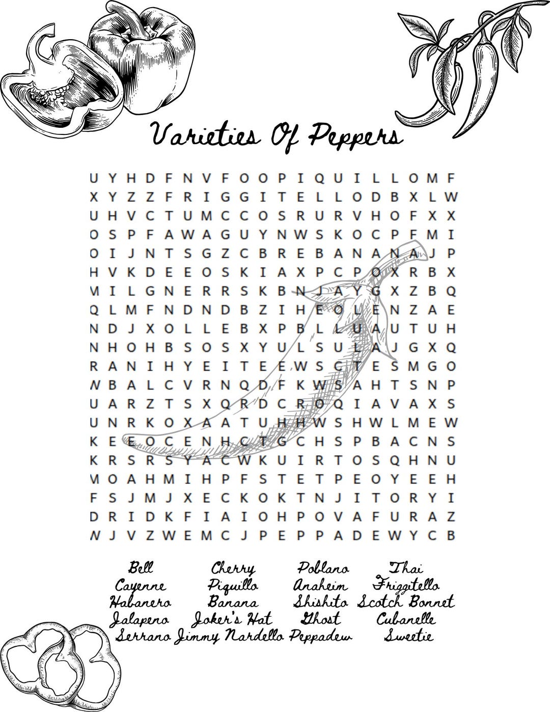 Pepper Varieties Word Search - Vintage Printable Puzzle (digital ...