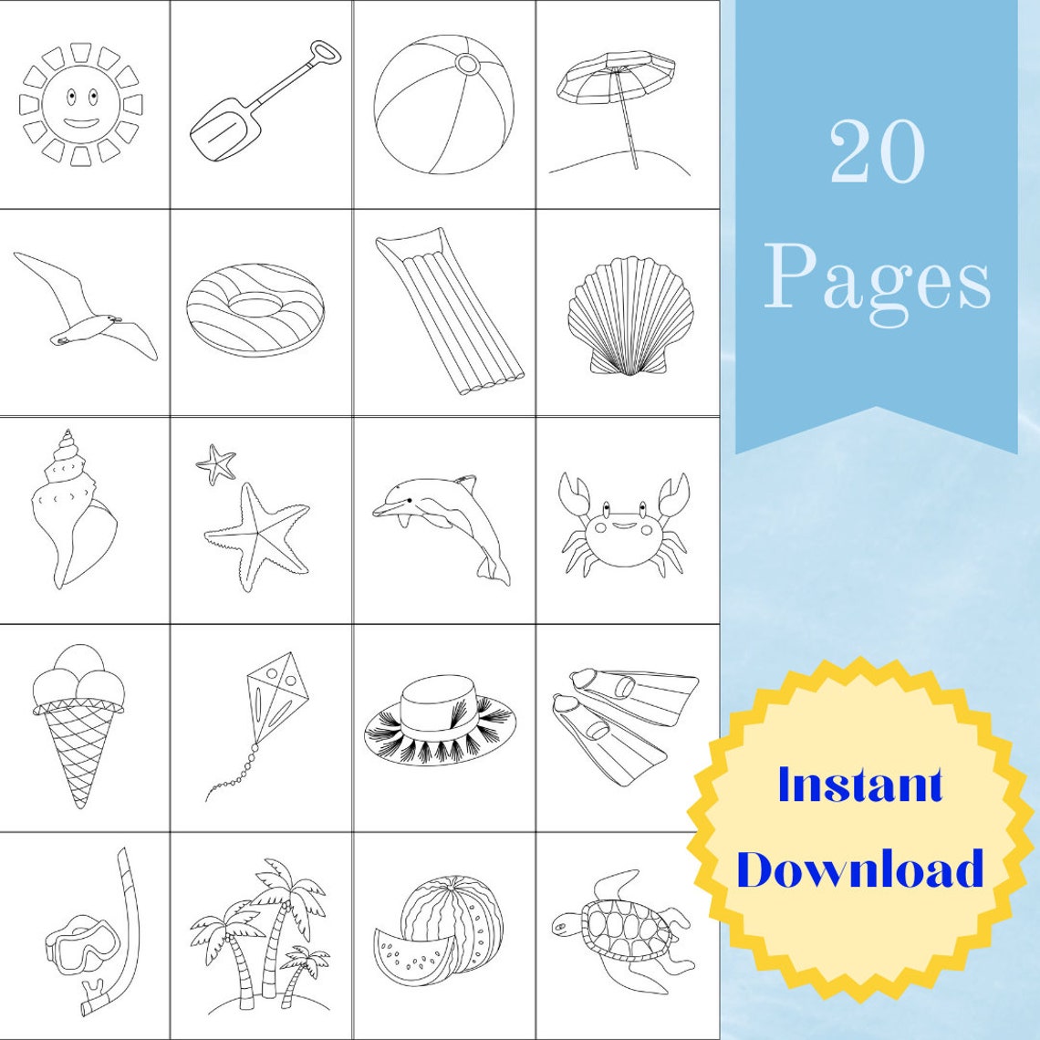 20 Beach-themed Coloring Pages for Children, Instant Download - Etsy
