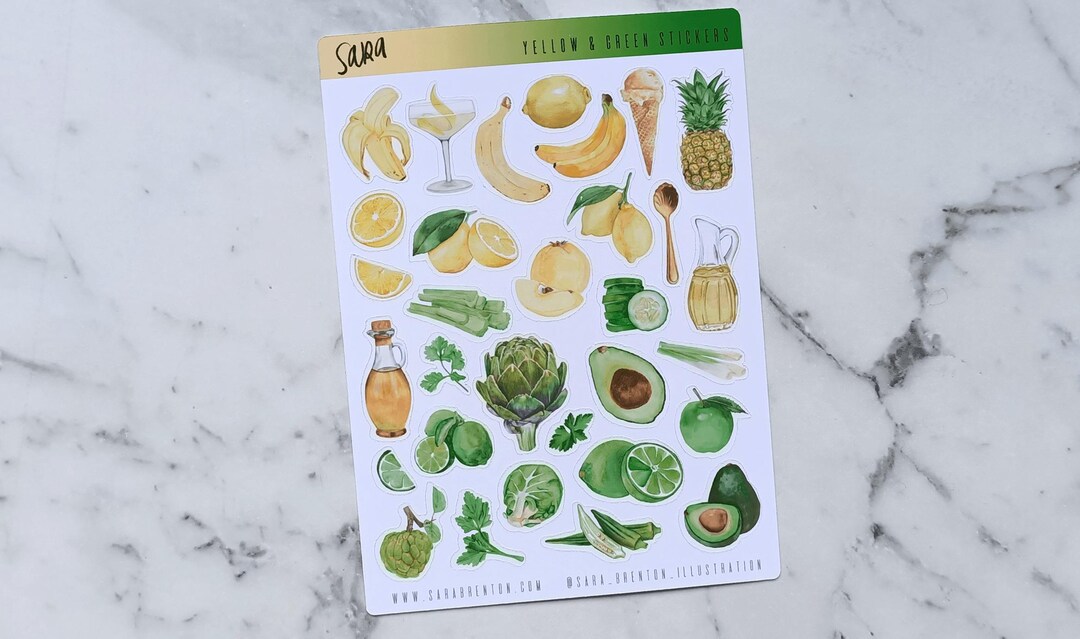 Yellow & Green Watercolour Produce Stickers (small): 31 Planner ...