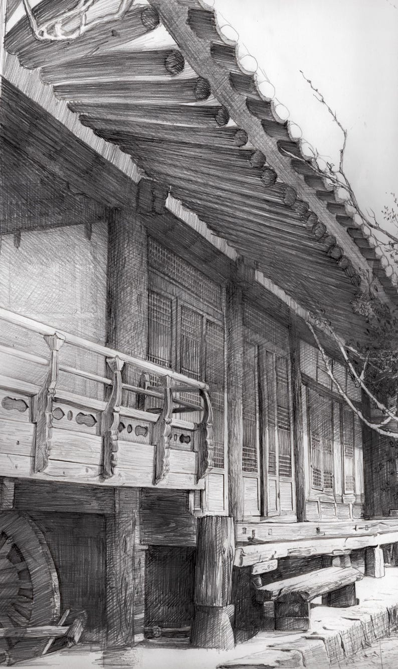 Hanok Village Pencil Drawing Traditional Korean Architecture Art ...