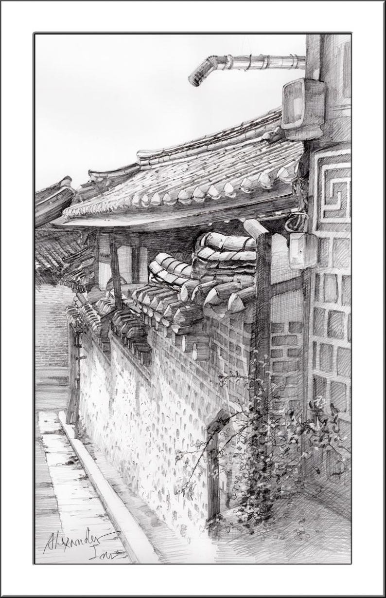 Seoul Hanok Village Sketch | Traditional Korean Architecture Drawing ...