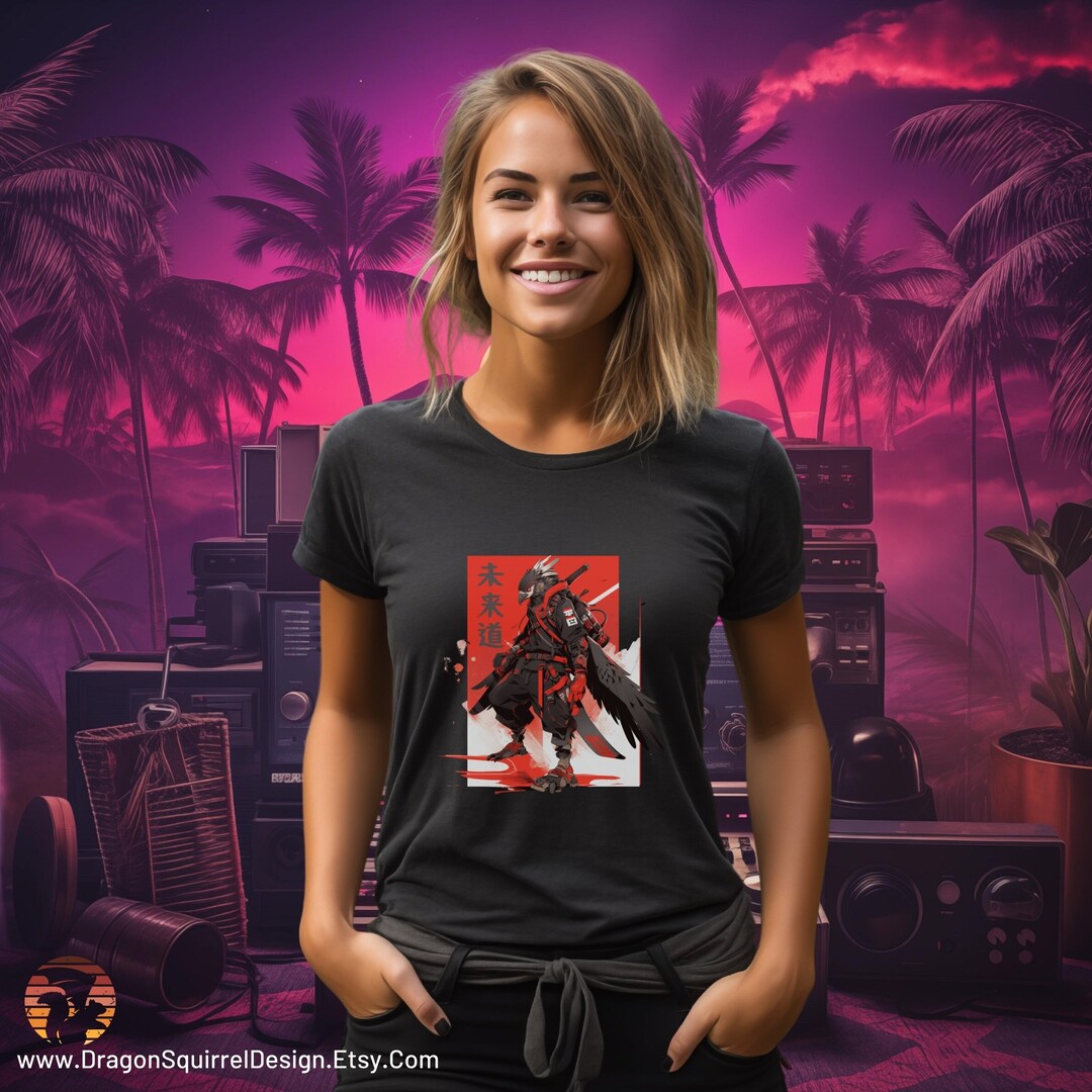 Cyberpunk Samurai Bird Urban Warrior Synthwave Aesthetic T-shirt, Ninja ...