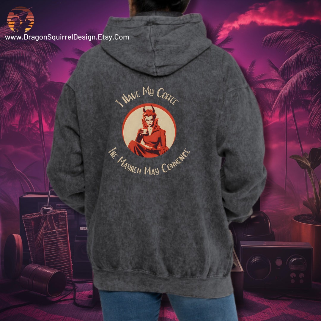 Coffee and Mayhem Funny Devil Woman Hoodie, Retro 50s Aesthetic ...