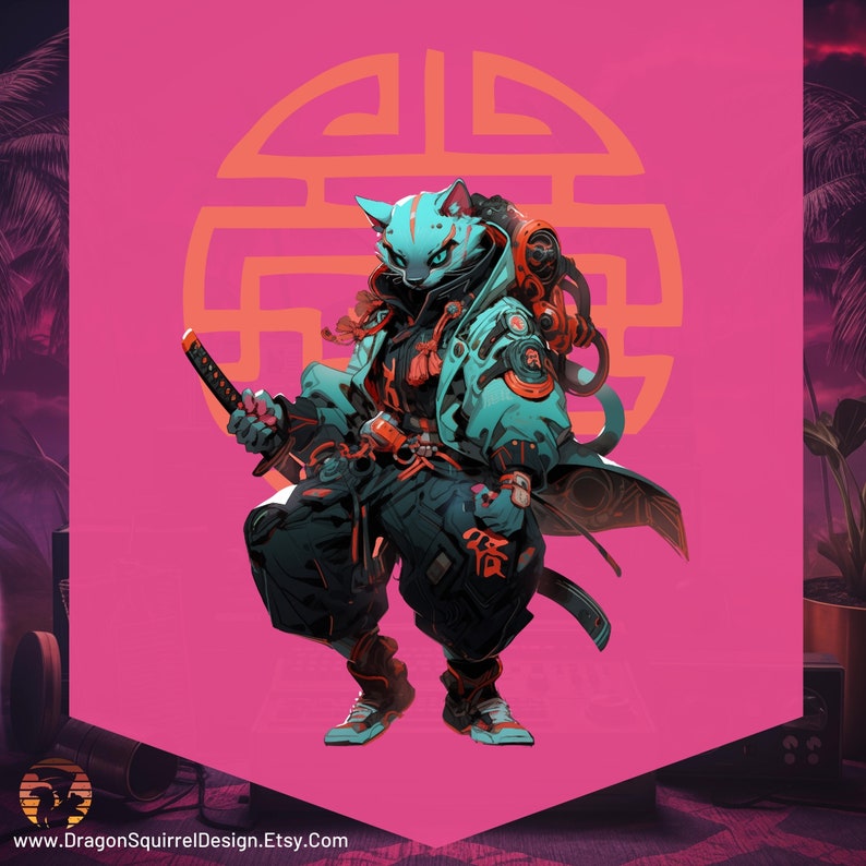 Cyberpunk Samurai Cat Urban Warrior Synthwave Aesthetic T-shirt ...
