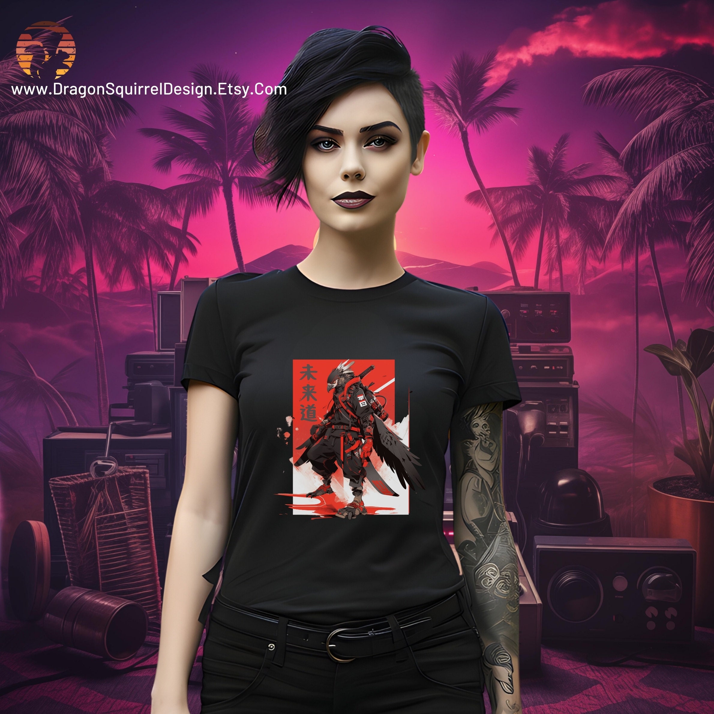 Cyberpunk Samurai Bird Urban Warrior Synthwave Aesthetic T-shirt, Ninja ...