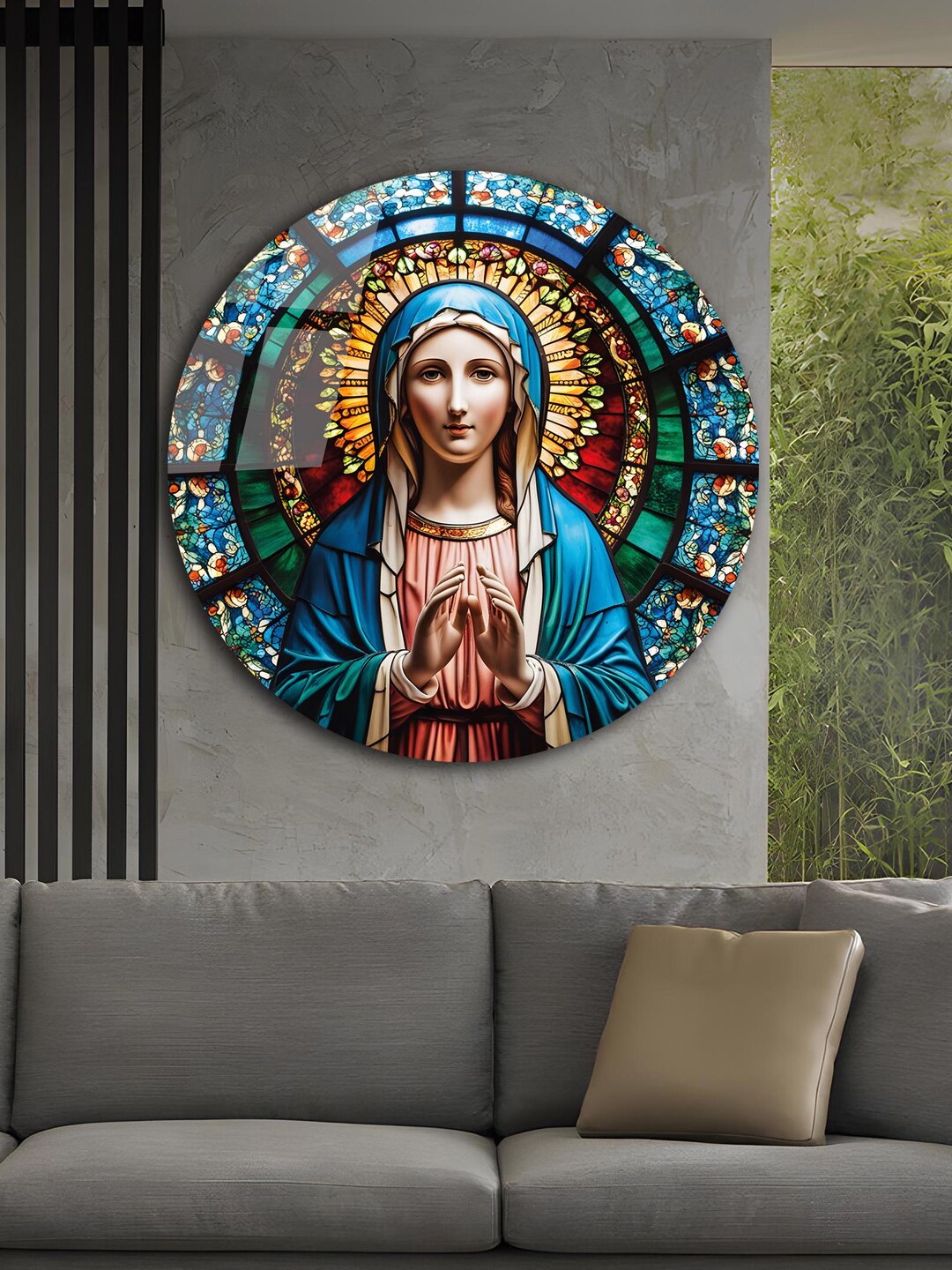 Virgin Mary Tempered Glass Wall Art, Virgin Mary Round Tempered Glass ...