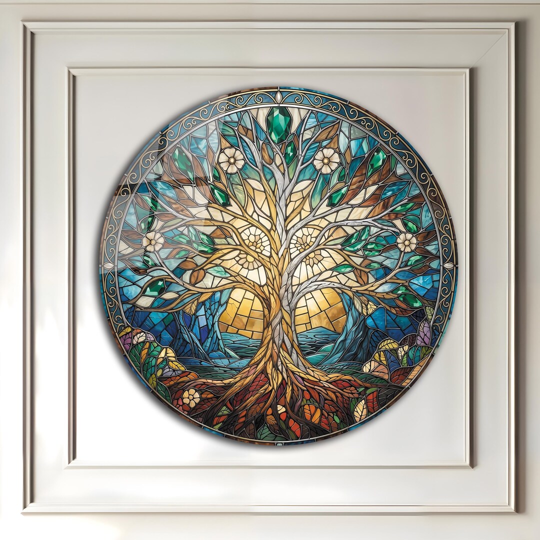 Stained Style Mosaic Look Tree of Life Tempered Glass Wall Art: Round ...