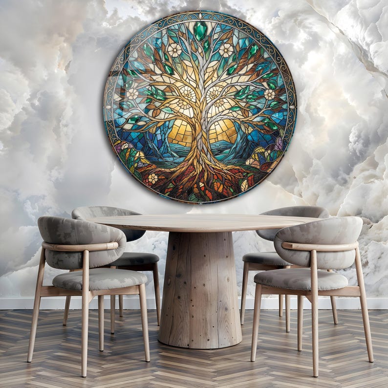 Stained Style Mosaic Look Tree of Life Tempered Glass Wall Art: Round ...