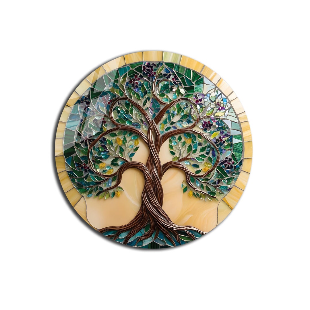 Tree of Life Tempered Glass Art Tree of Life Glass Round Life of Tree ...