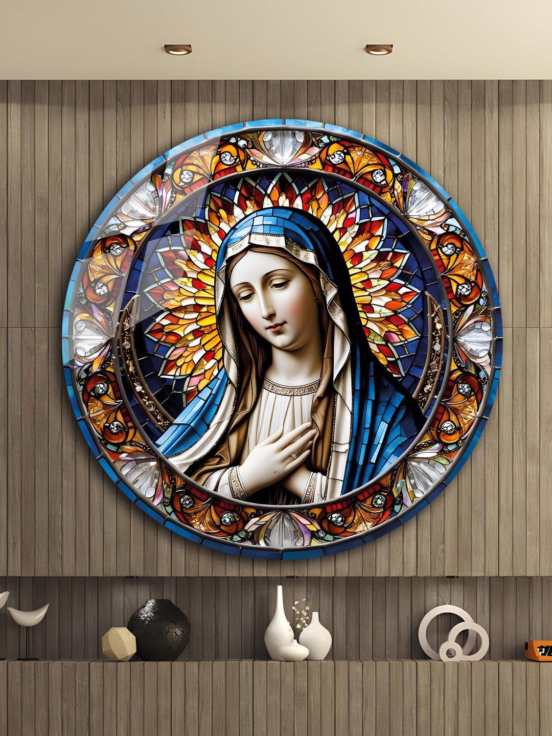 Tempered Glass Virgin Mary Wall Art | Virgin Mary Round | Wall Hangings ...